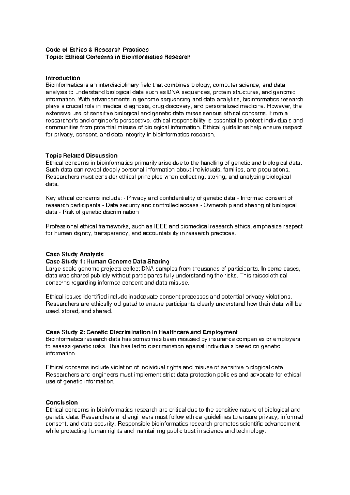 Ethical Concerns in Bioinformatics Research Practices: A Study - Studocu