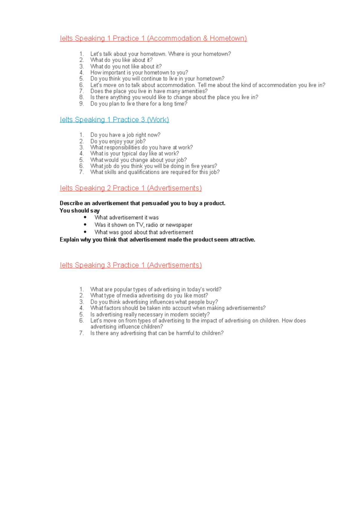 Ielts Speaking 1 Practice 1 - Ielts Speaking 1 Practice 1 ...