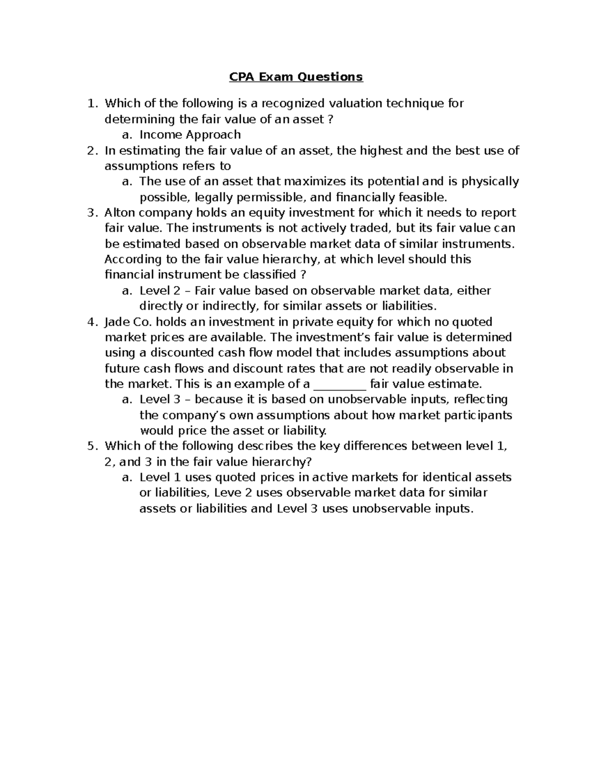 CPA Exam Questions on Fair Value Techniques and Hierarchies - Studocu