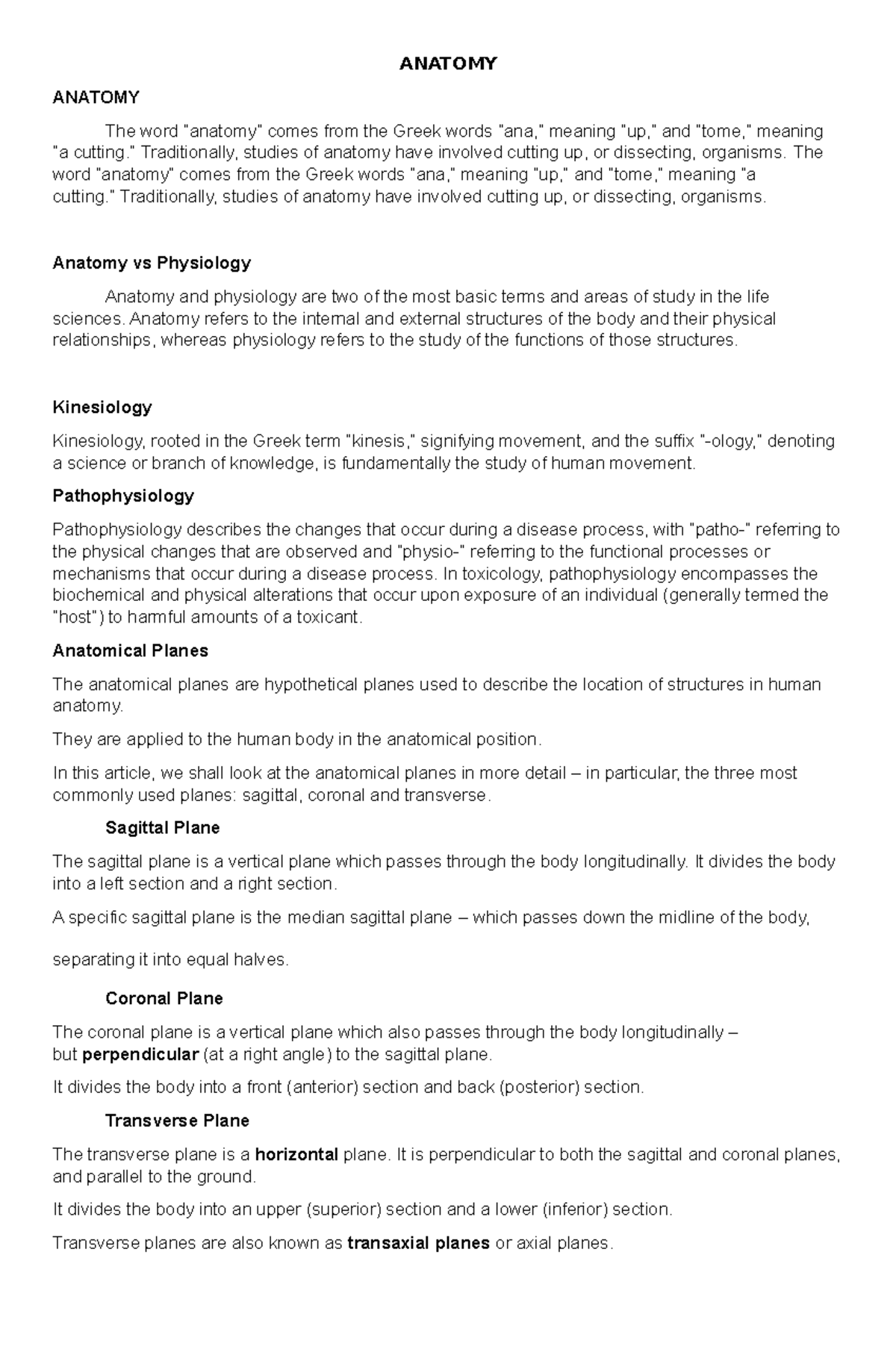 ANATOMY 101: Understanding Human Anatomy and Movement - Studocu