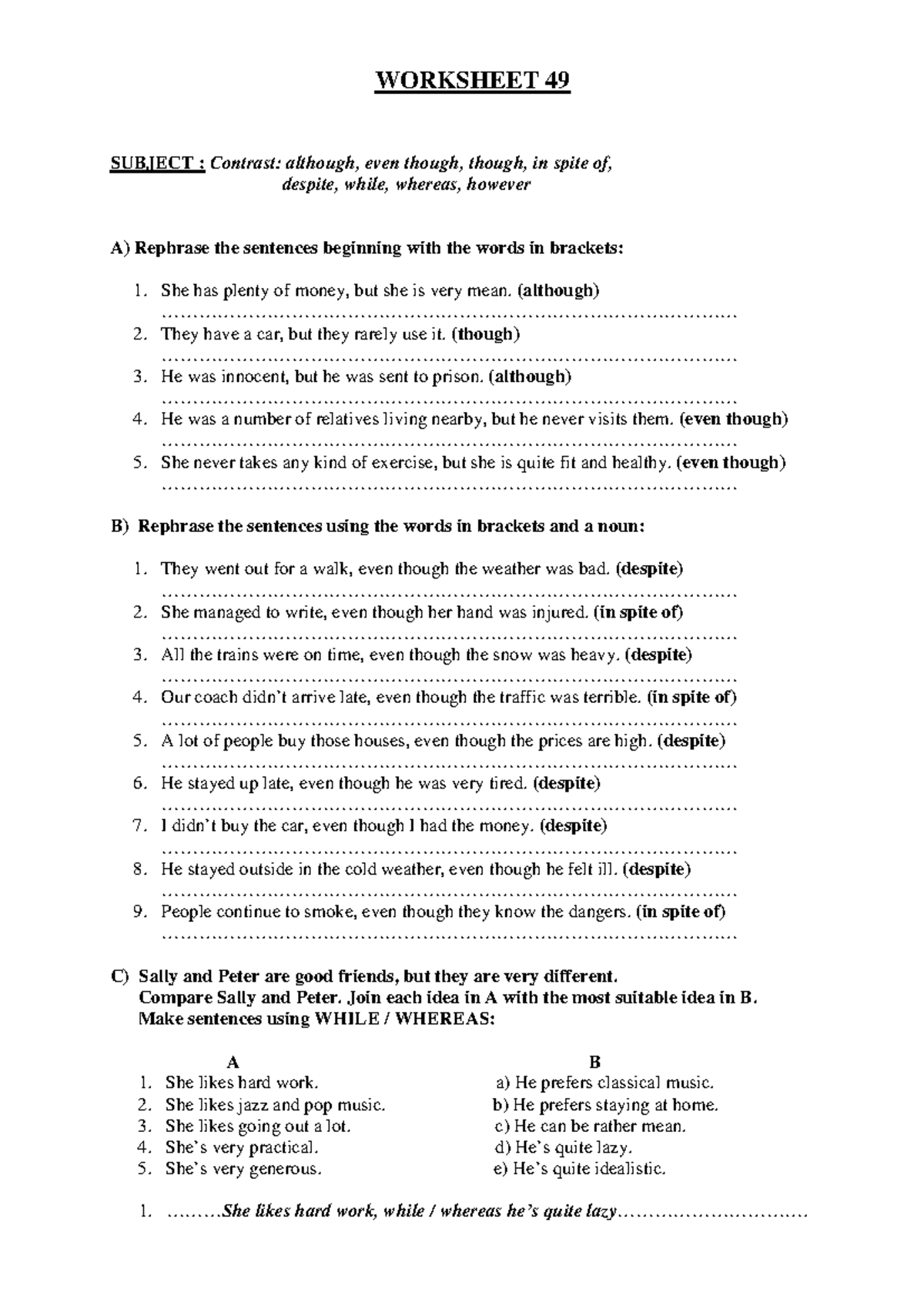 WORKSHEET 49: Contrast and Sentence Rephrasing Exercises - Studocu