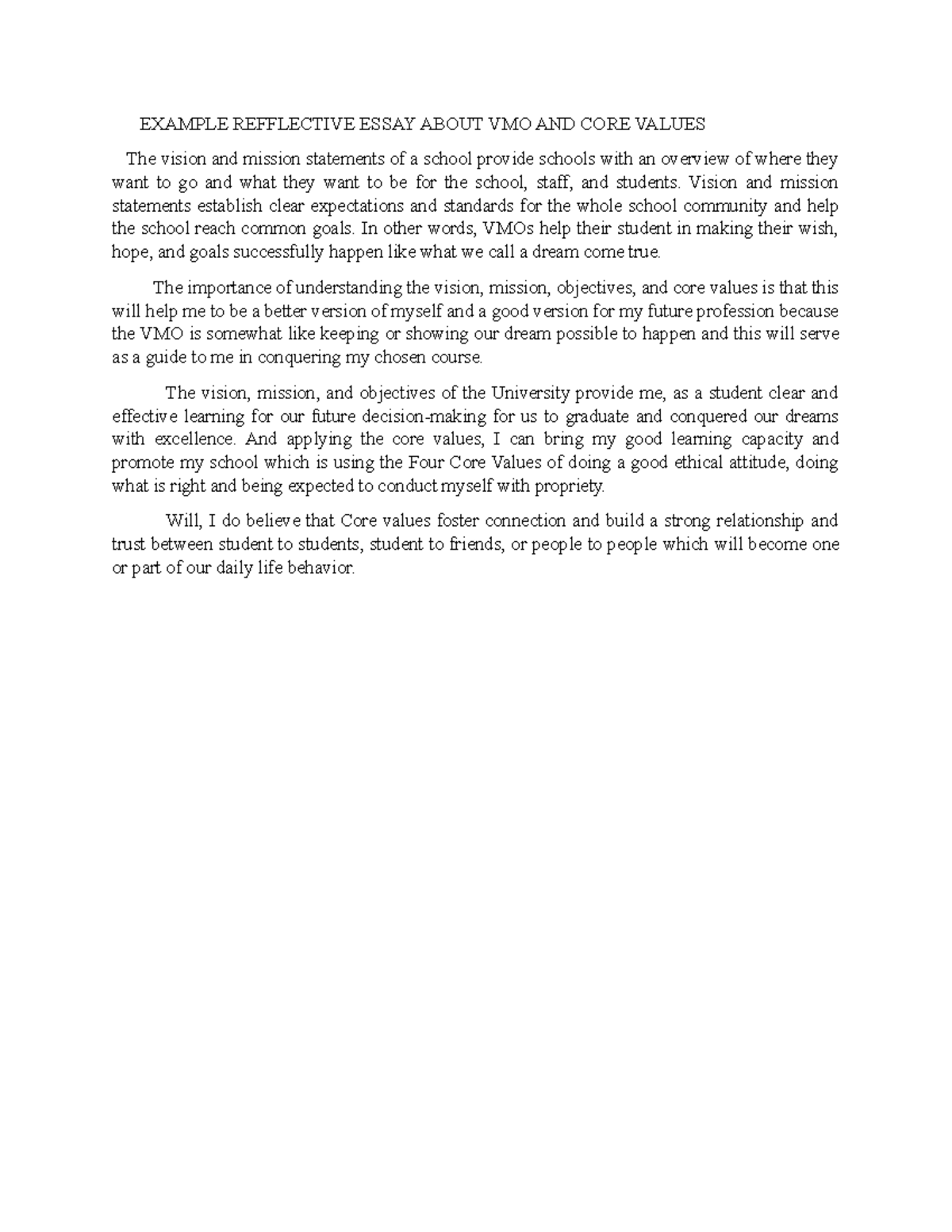 Reflective Essay on VMO and Core Values in Education - Studocu
