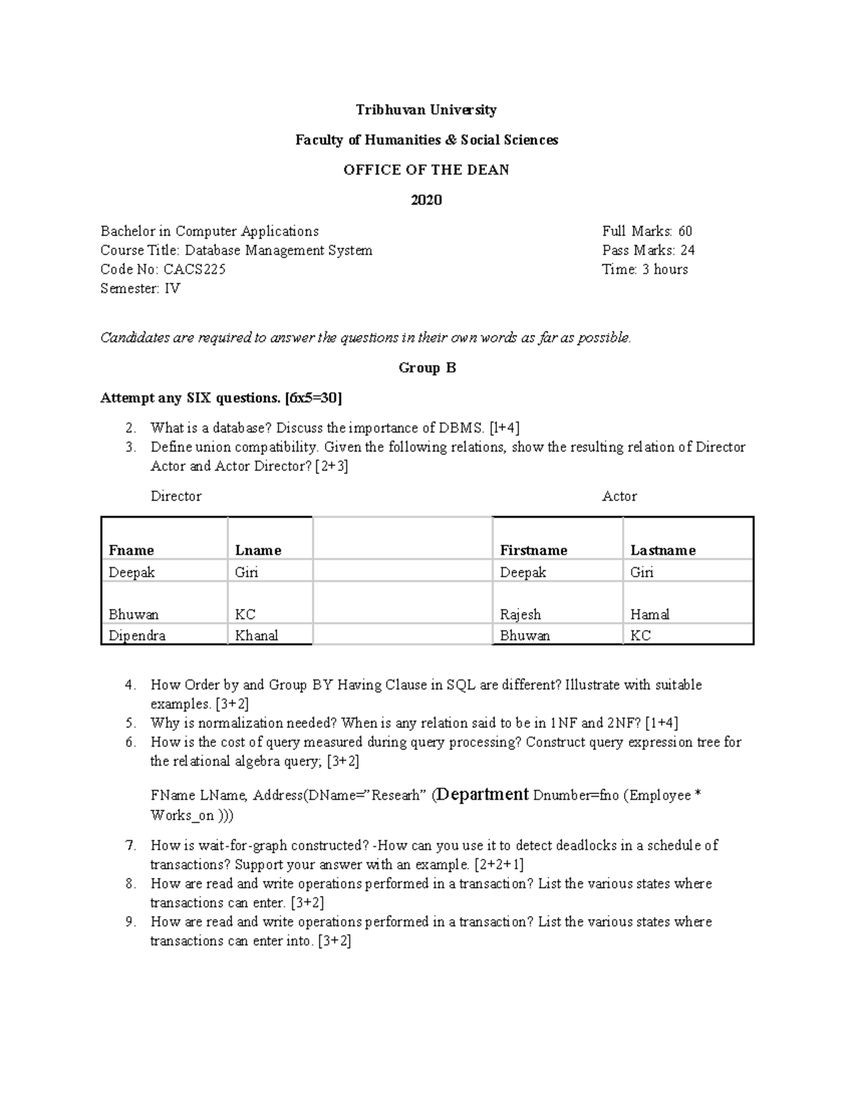 Database Management System CACS225 - 2020 Exam Notes - Studocu