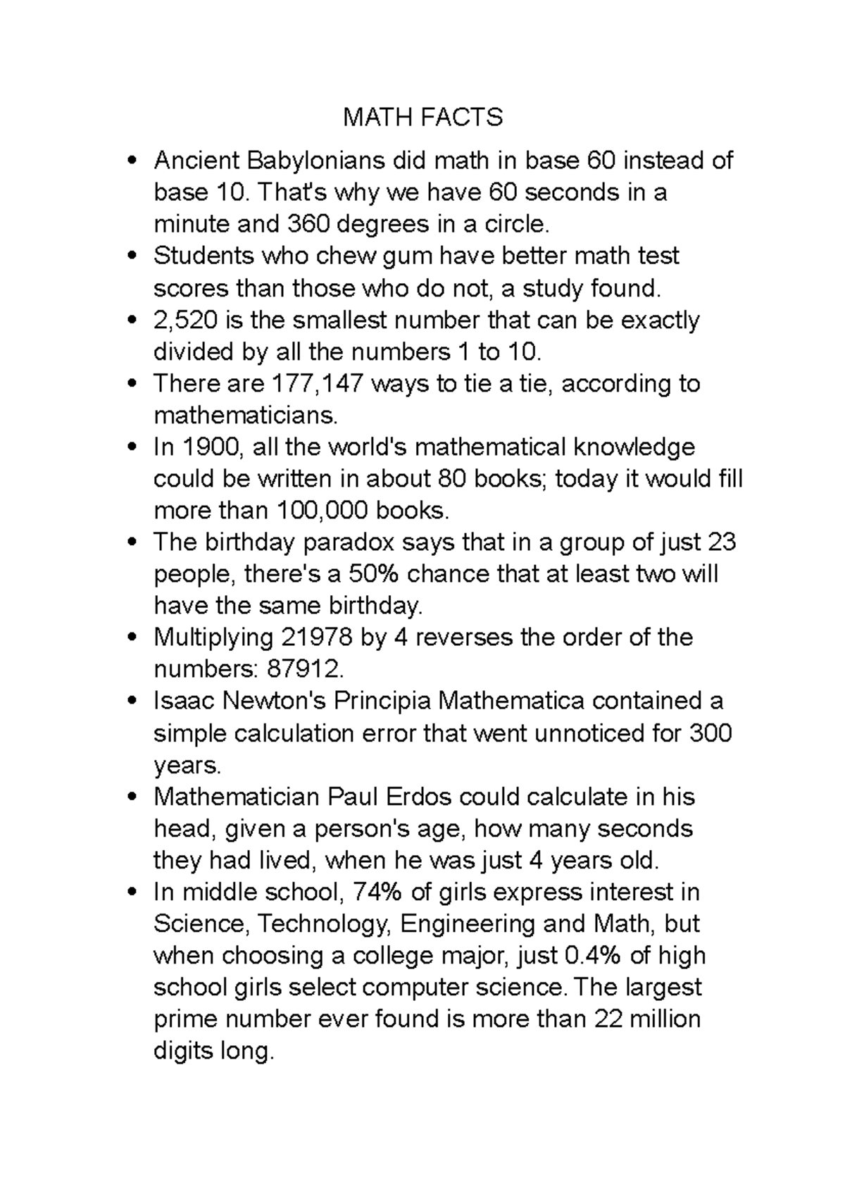 MATH 101: Fascinating Facts & Historical Insights in Mathematics - Studocu