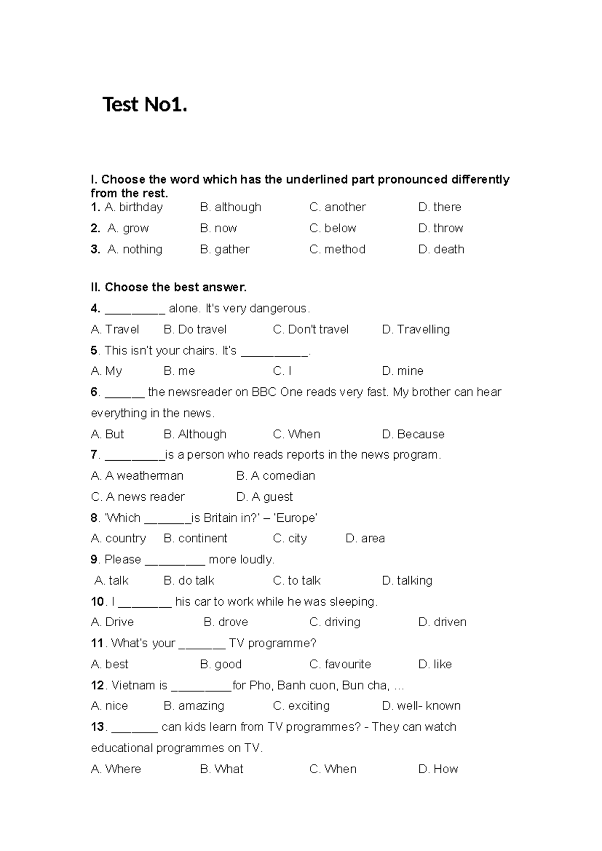 Grade 6 English Test No. 1: Vocabulary and Comprehension Exercises ...