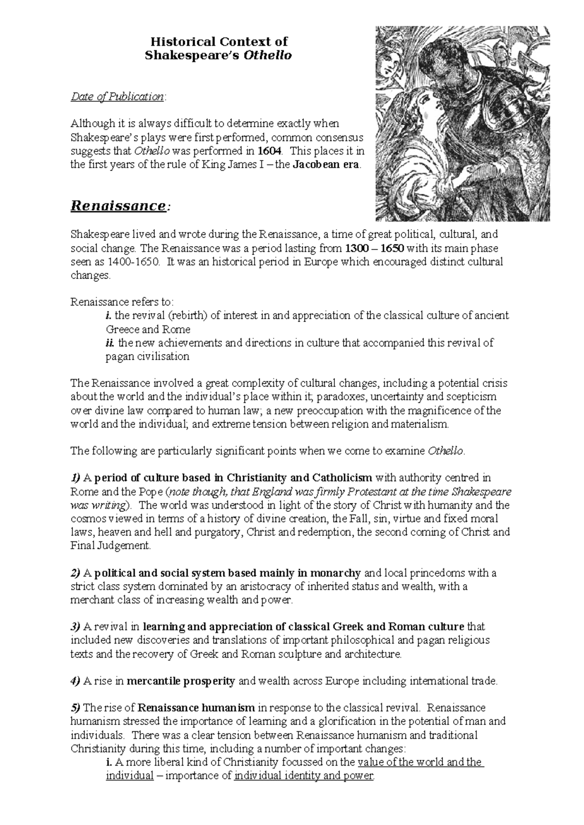 Historical Context of Shakespeare's Othello: A Detailed Handout - Studocu