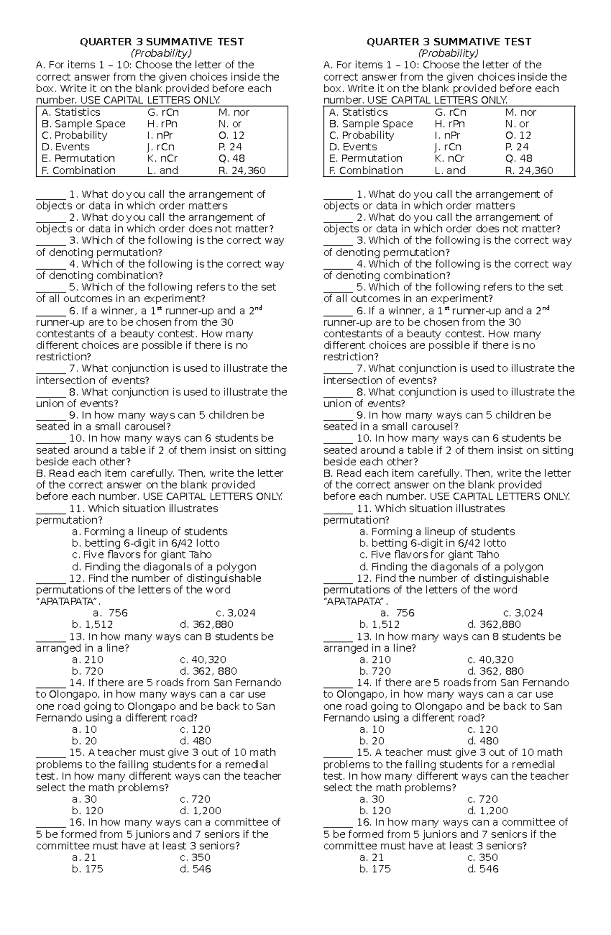 QUARTER 3 SUMMATIVE TEST (Probability, Permutations & Combinations ...