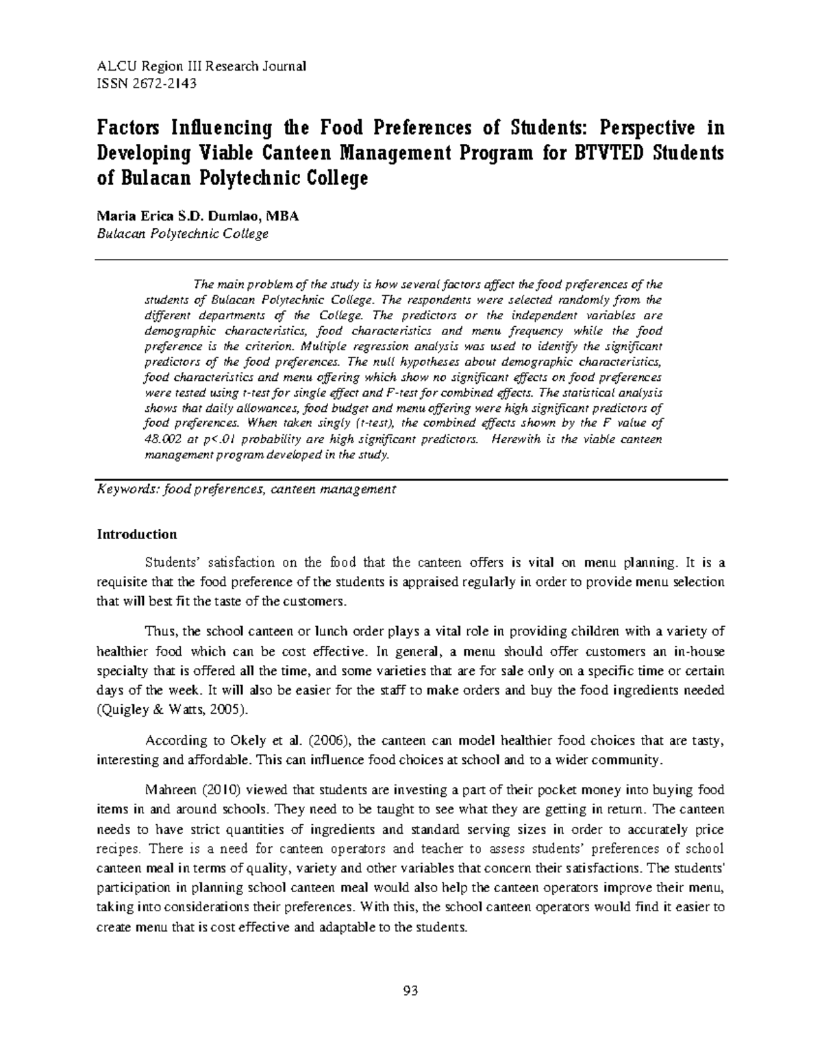 Factors Influencing Food Preferences Among BTVTED Students: A Study for ...