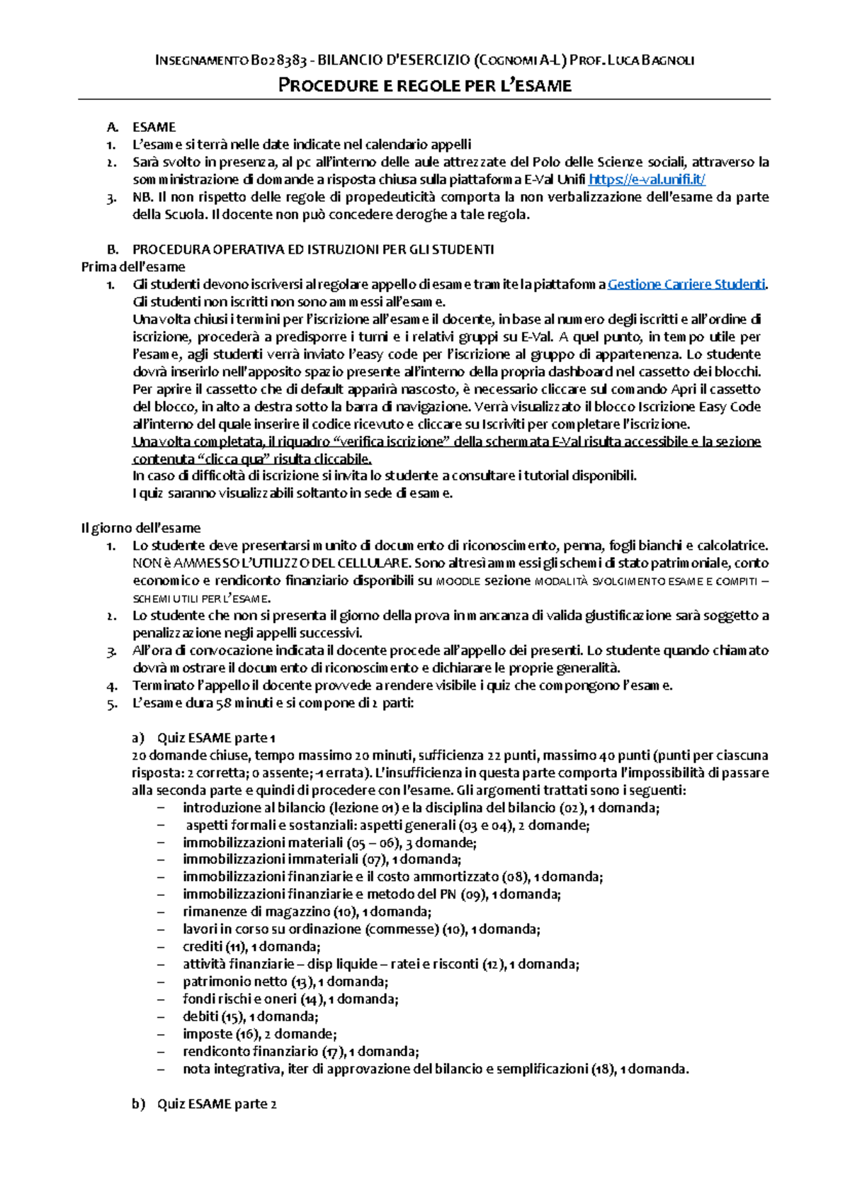 Istruzioni Esame Bilancio B028383 - Prof. Luca Bagnoli - Studocu