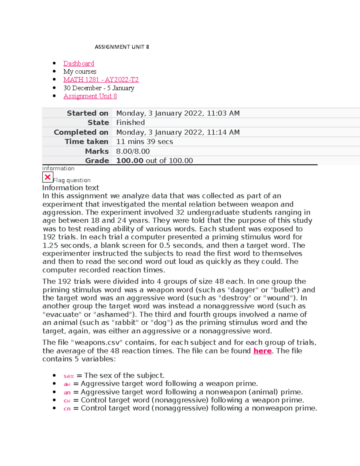 Assignment UNIT 8 OF MATH 1281 - ASSIGNMENT UNIT 8 Dashboard My courses MATH 1281 30 December 5 ...
