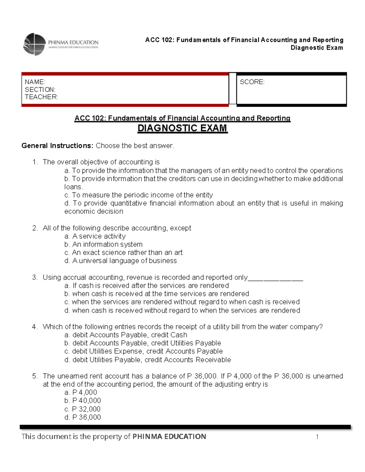 ACC 102: Diagnostic Exam on Financial Accounting Fundamentals - Studocu