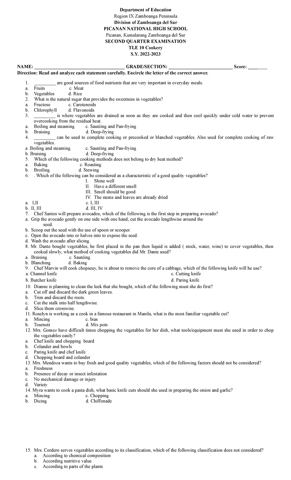 TLE 10 Cookery 2nd Quarter Exam Review Questions and Answers - Studocu