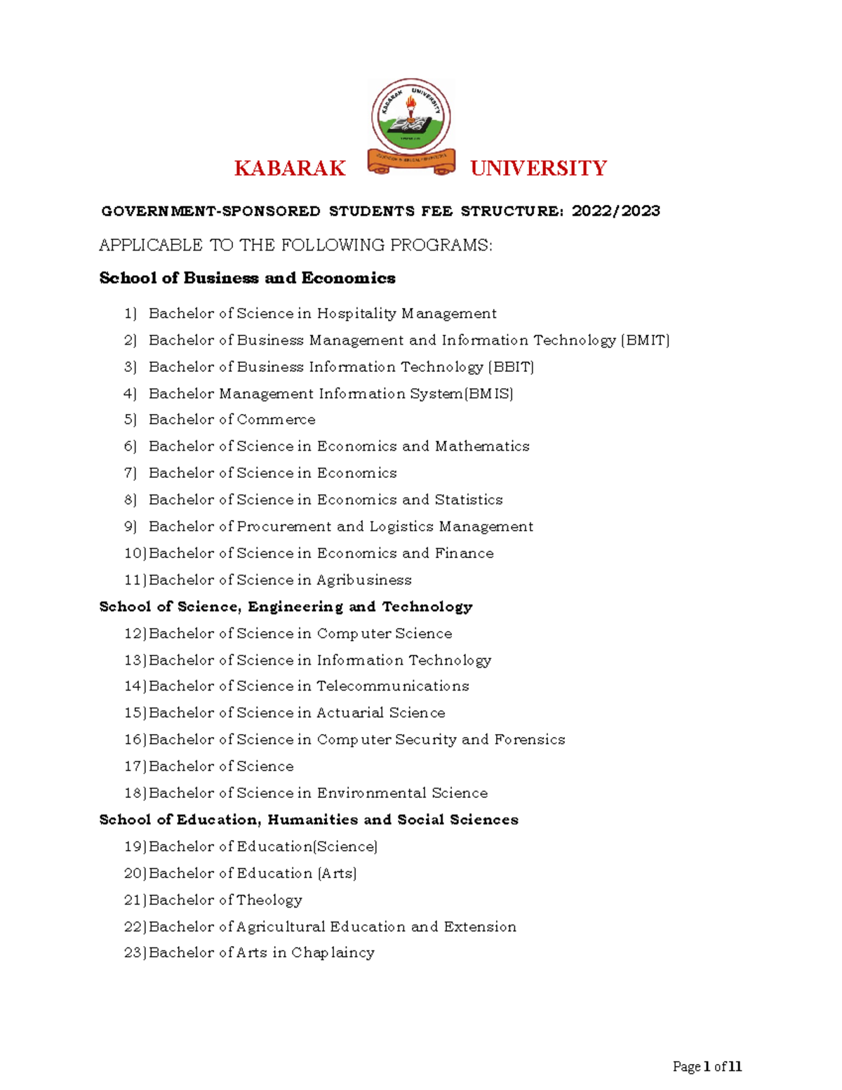 Fee structure government sponsored students - KABARAK UNIVERSITY GOVERNMENT-SPONSORED STUDENTS ...
