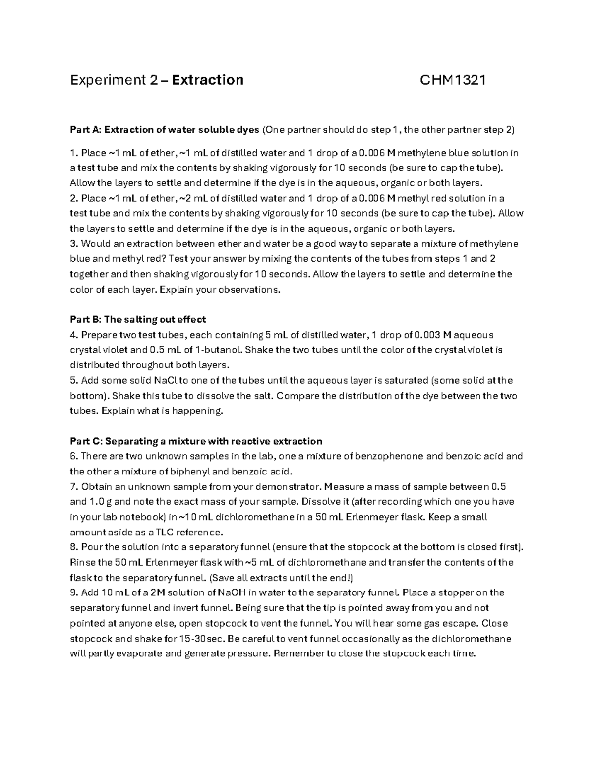 lab 3 protocol - extraction - Experiment 2 – Extraction CHM Part A: Extraction of water soluble ...