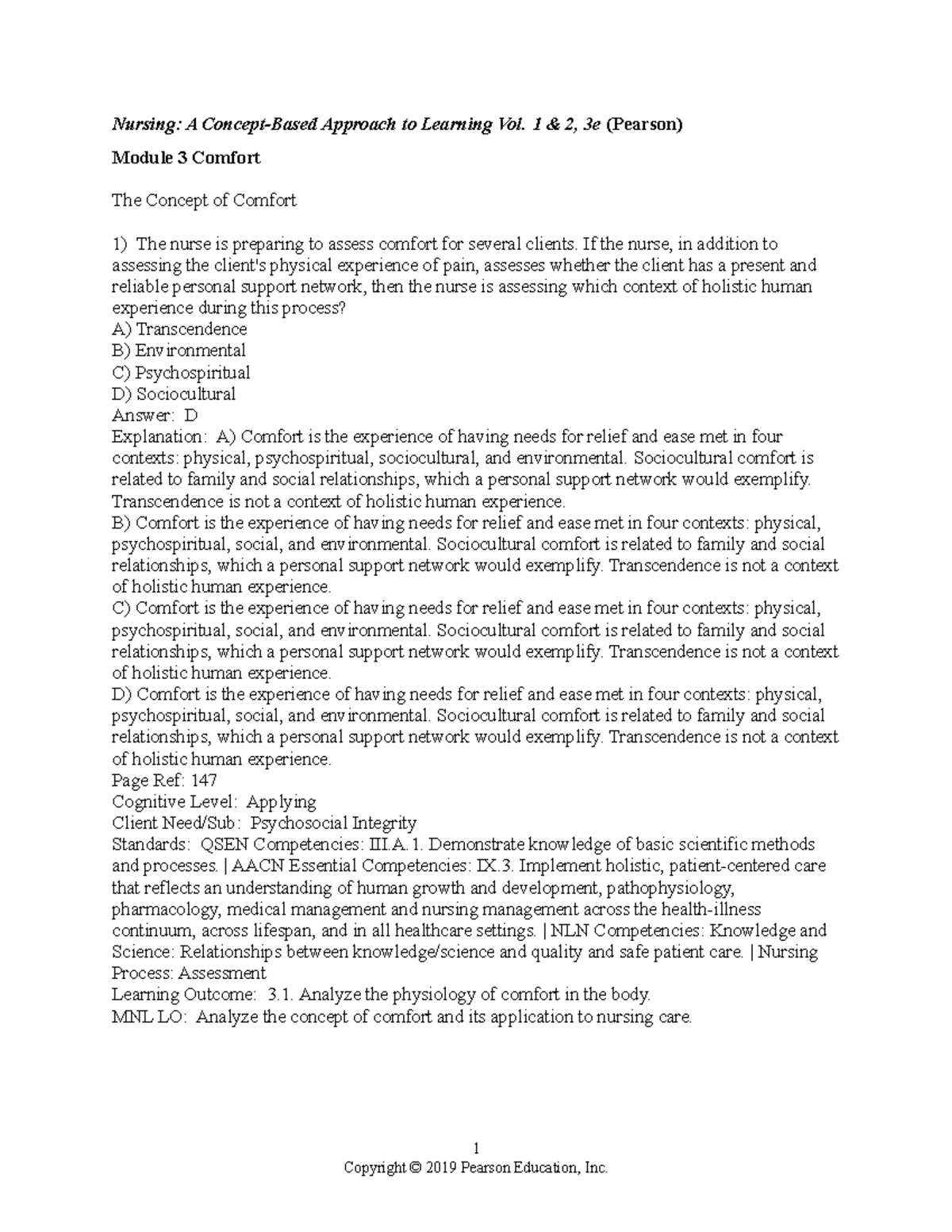 NURS 101 Module 3 Comfort - Practice Questions and Answers - Studocu