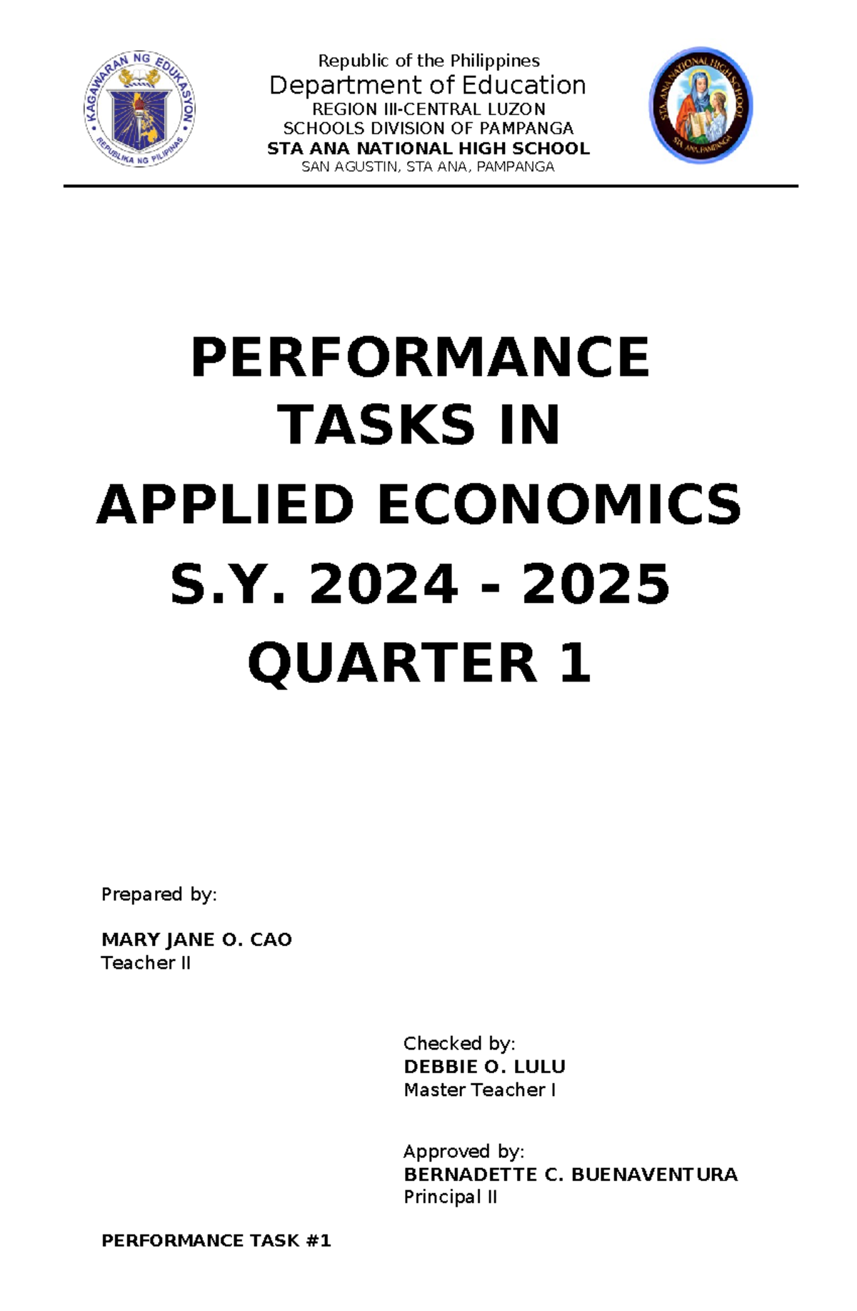 AE 24-25 Quarter 1 Performance Tasks in Applied Economics - Studocu