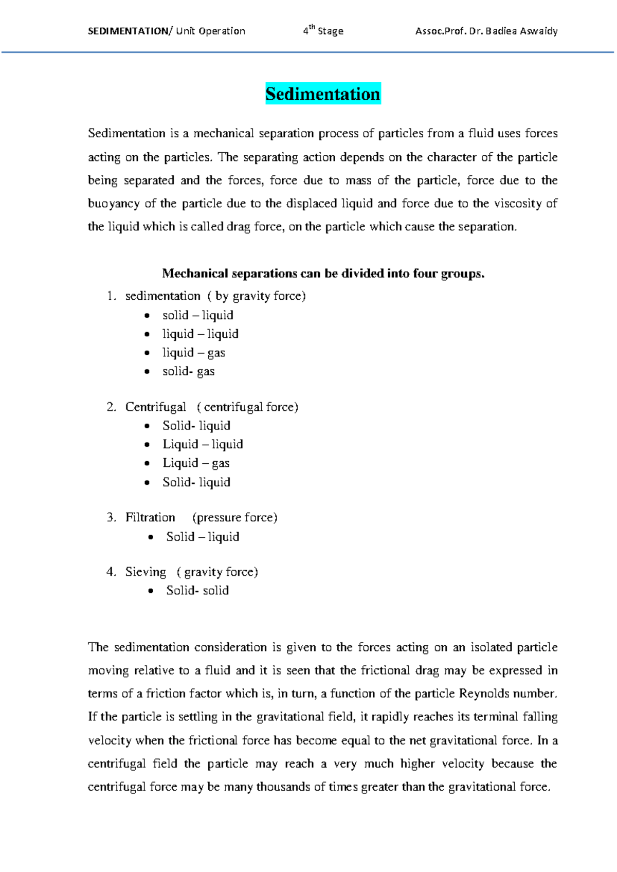 Chapter 1: Sedimentation in Unit Operations (Assoc.Prof. Dr. Aswaidy ...