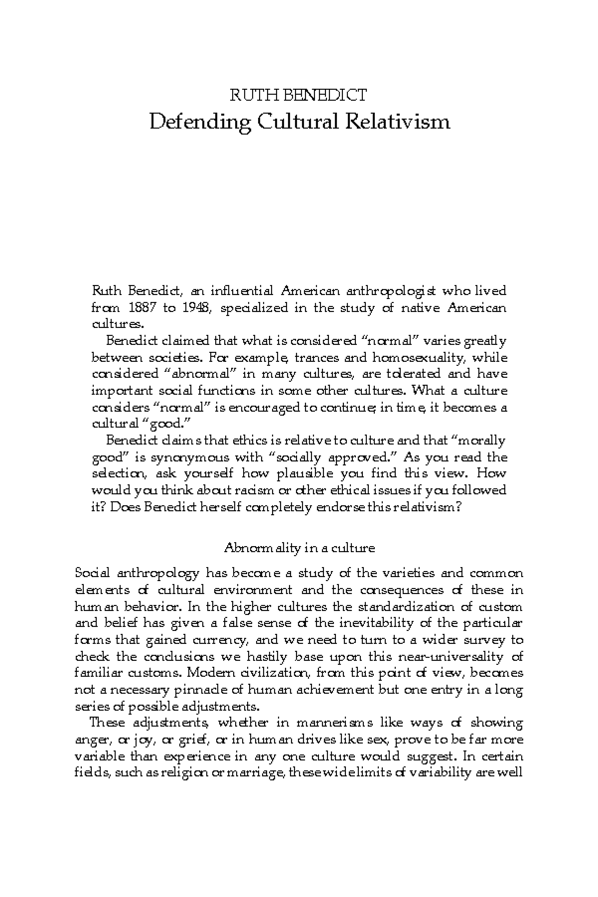 Ruth Benedict - Final Exam Notes on Cultural Relativism - Studocu