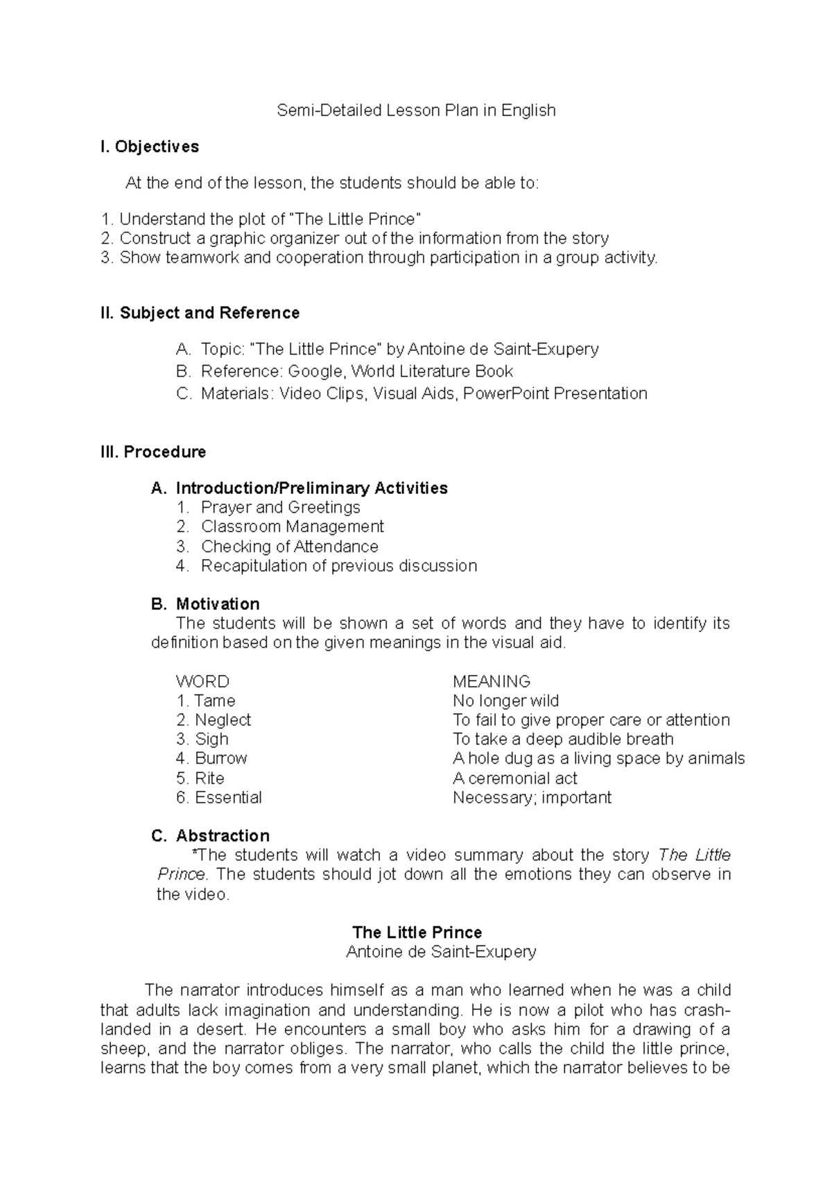 The Little Prince Lesson Plan: Understanding and Activities - Studocu