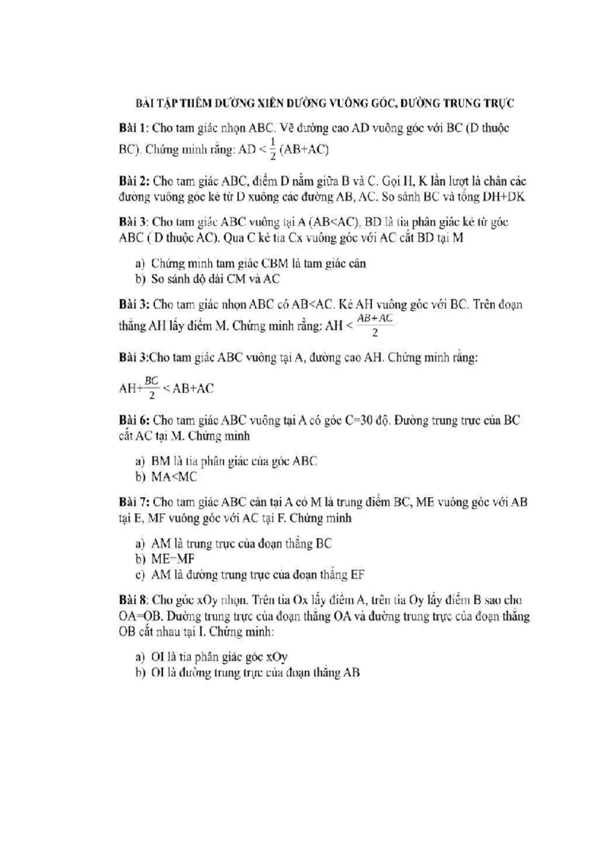 BÀI TẬP THÊM VỀ TAM GIÁC VÀ ĐƯỜNG TRUNG TRỤC - MATH 1 - Studocu