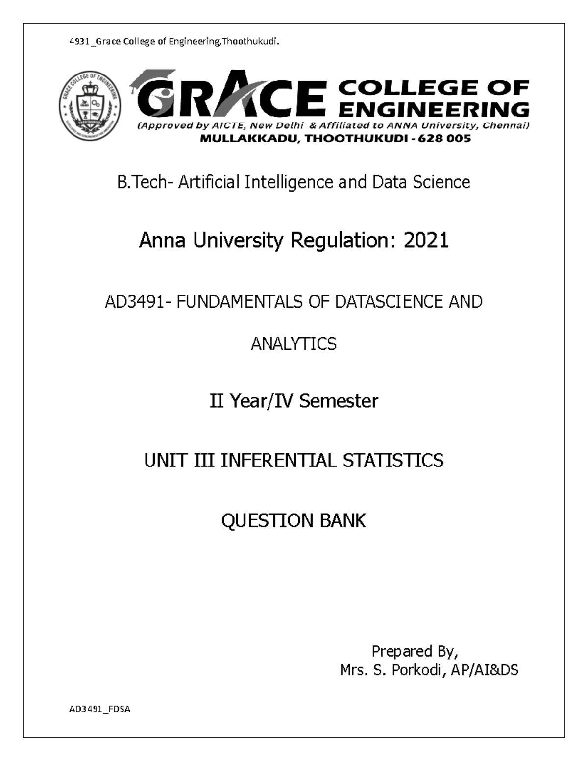 AD3491_FDSA Question Bank: Fundamentals of Data Science & Analytics ...