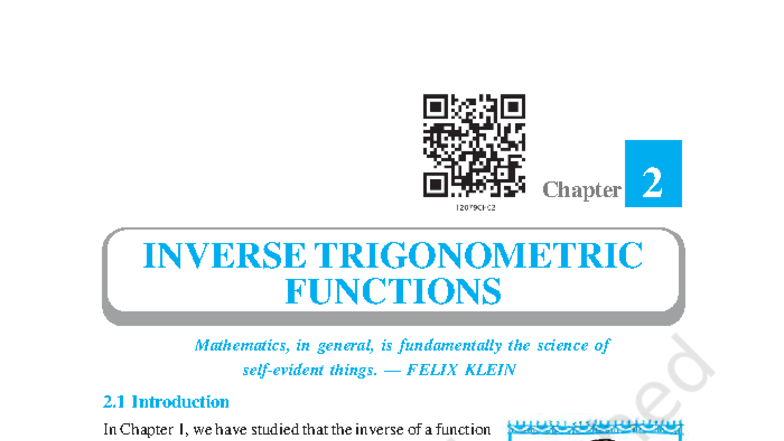 Class XII Maths Chapter 2 - Inverse Trigonometric Functions - Studocu