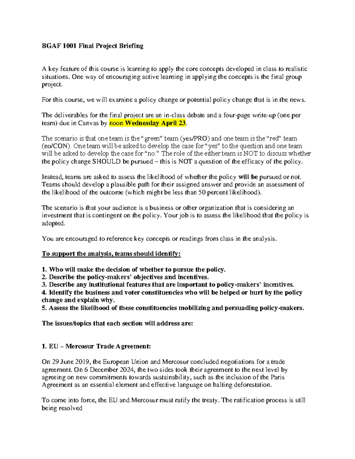 BGAF 1001 Final Project Briefing: Policy Change Analysis - Studocu