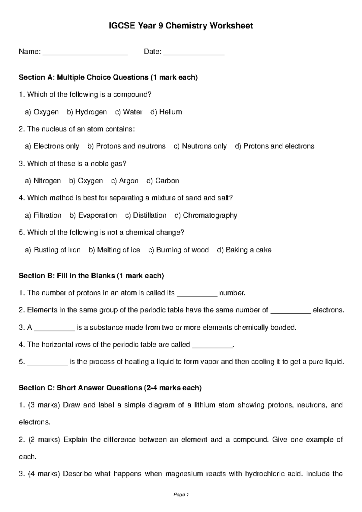 IGCSE Year 9 Chemistry Worksheet: MCQs, Fill in the Blanks & Short ...
