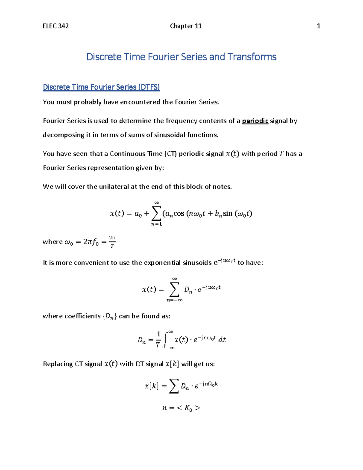 Chapter 11 Notes - Discrete Time Fourier Series and Transforms Discrete ...