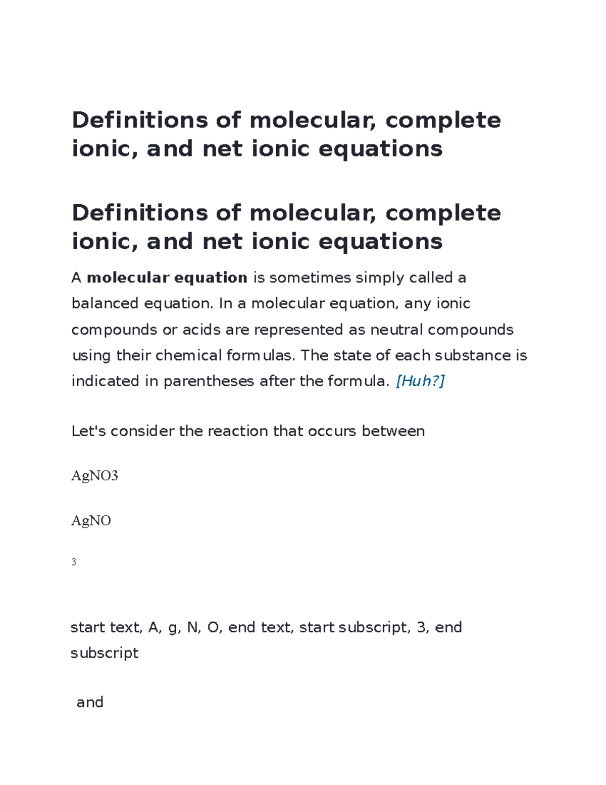 Definitions of molecular, complete ionic, and net ionic equations ...
