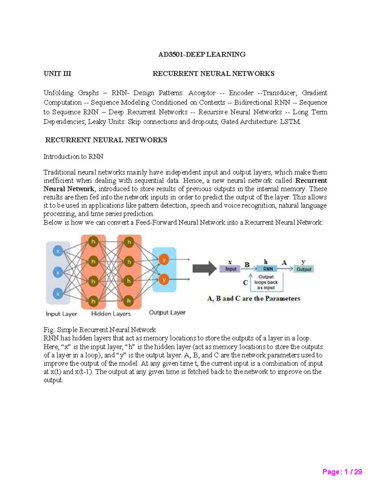 Deep Learning - AD3501 - Unit 3: Recurrent Neural Networks Overview ...