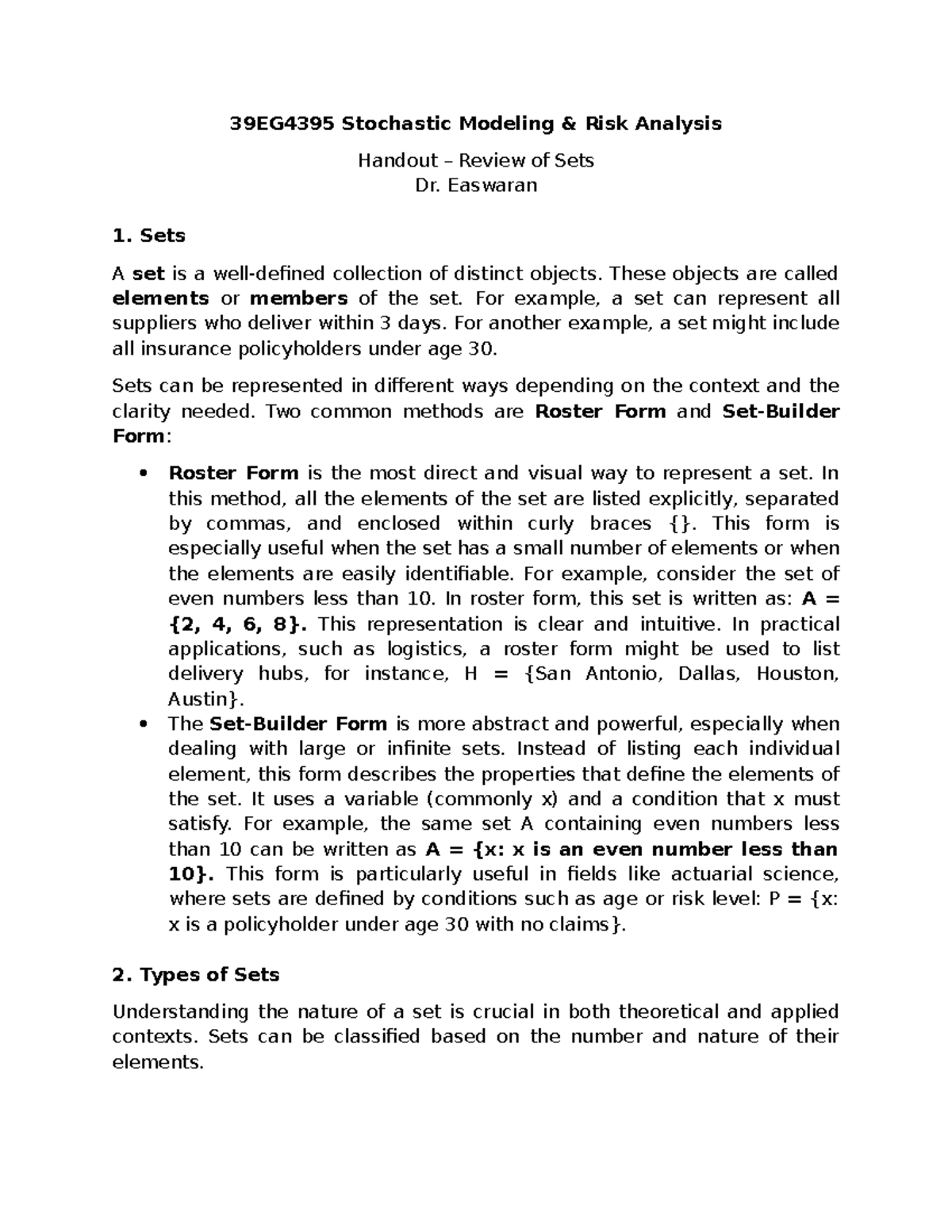 39EG4395 Stochastic Modeling: Risk Analysis on Sets and Operations ...