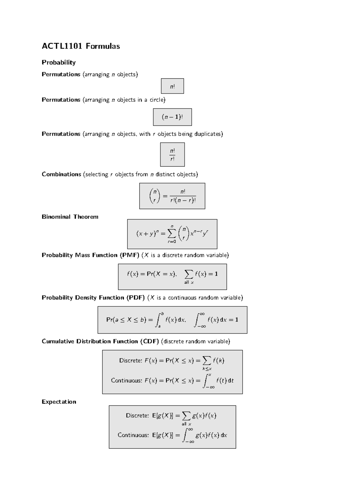 Formulas for Probability and Actuarial Concepts - ACTL1101 - Studocu