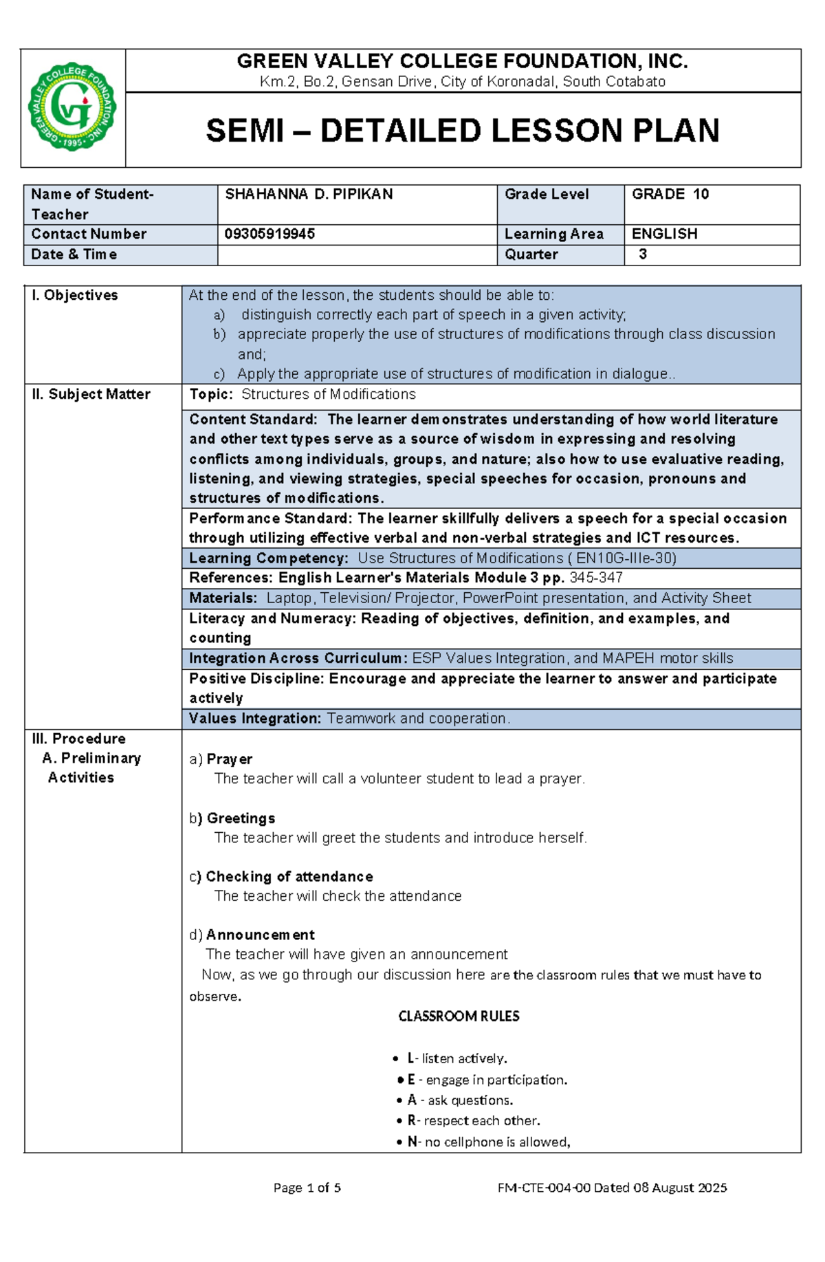Grade 10 English 3 Semi-Detailed Lesson Plan on Structures of ...
