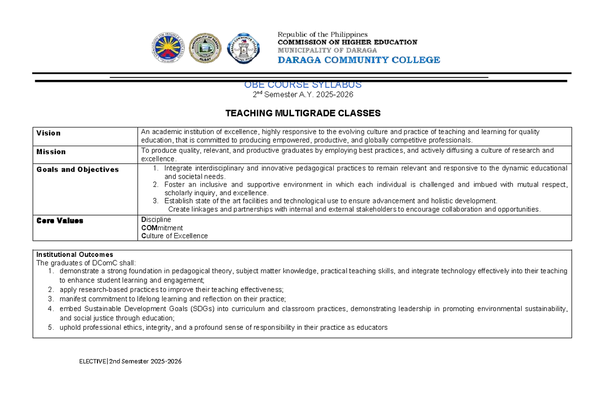 Syllabus for Elective Course: Teaching Multigrade Classes (3 Units ...