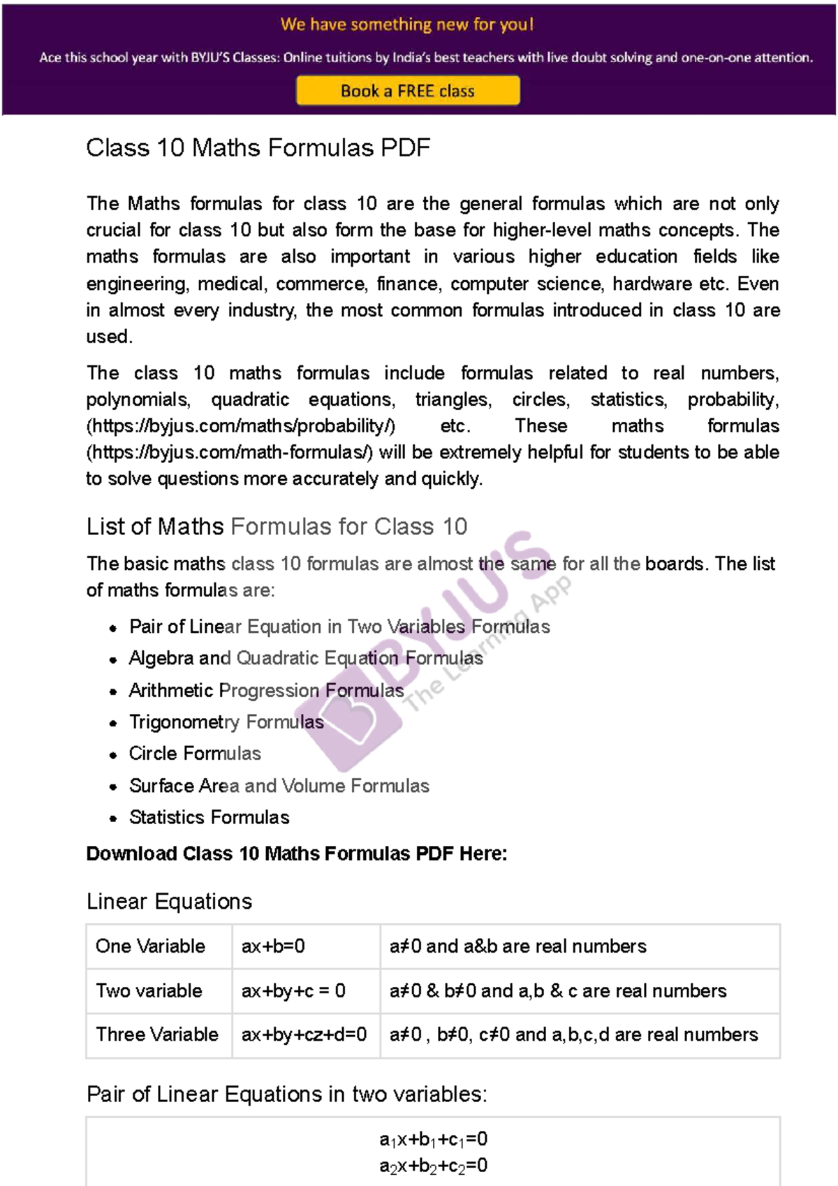 Maths Formulas for Class 10: Essential PDF Guide - Studocu