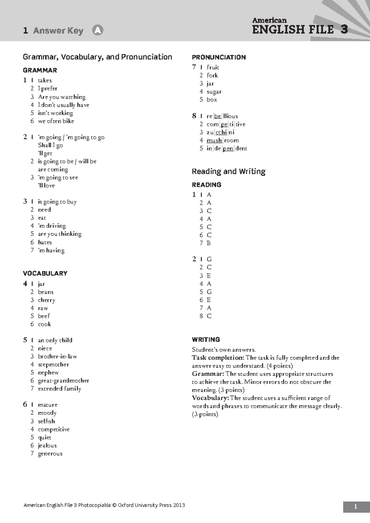American English File 3: A & B Answer Key for Grammar and Vocabulary - Studocu