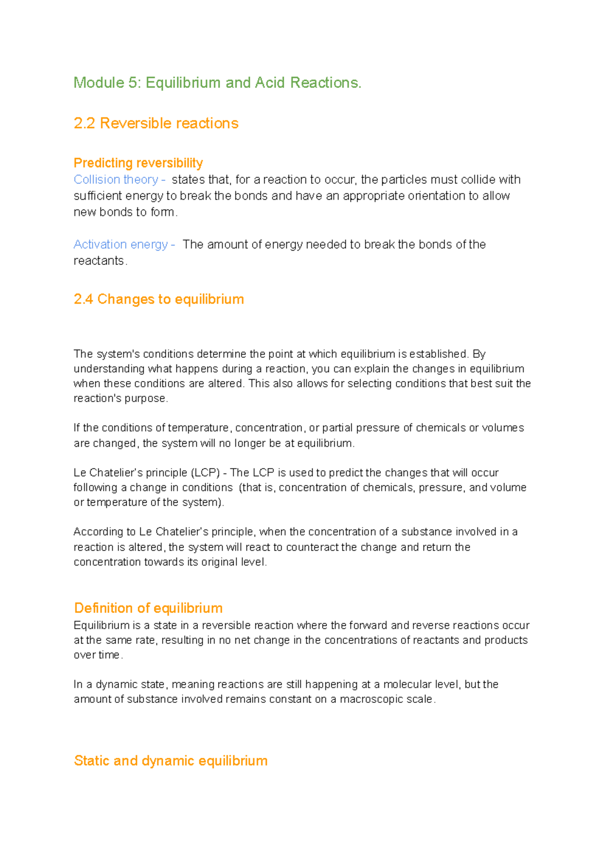 Module 5: Equilibrium & Acid Reactions Overview - Studocu