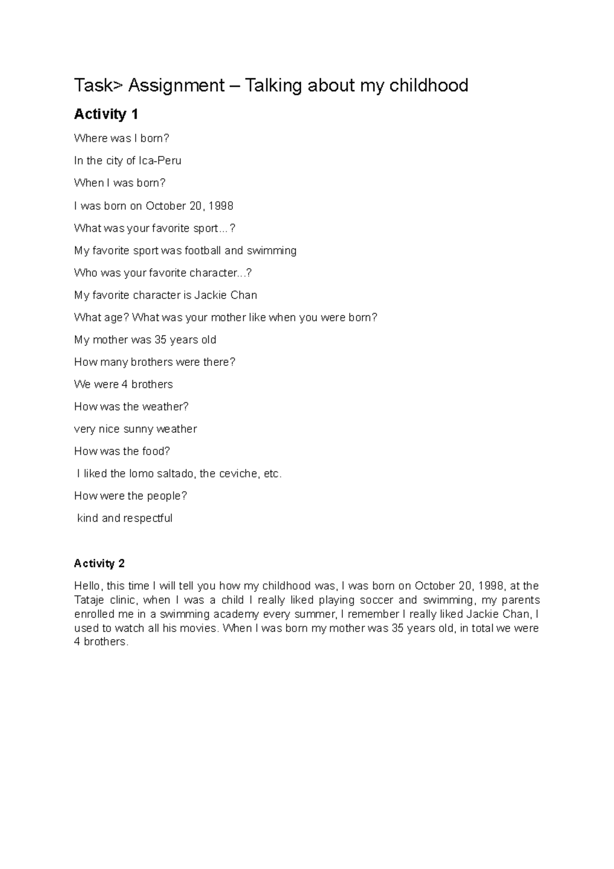 WEEK 01 Talking about my childhood - Task> Assignment – Talking about ...