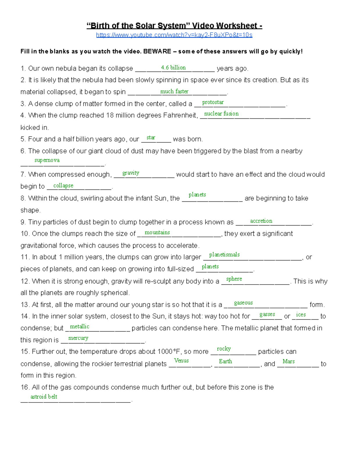 Solar System Answer Key