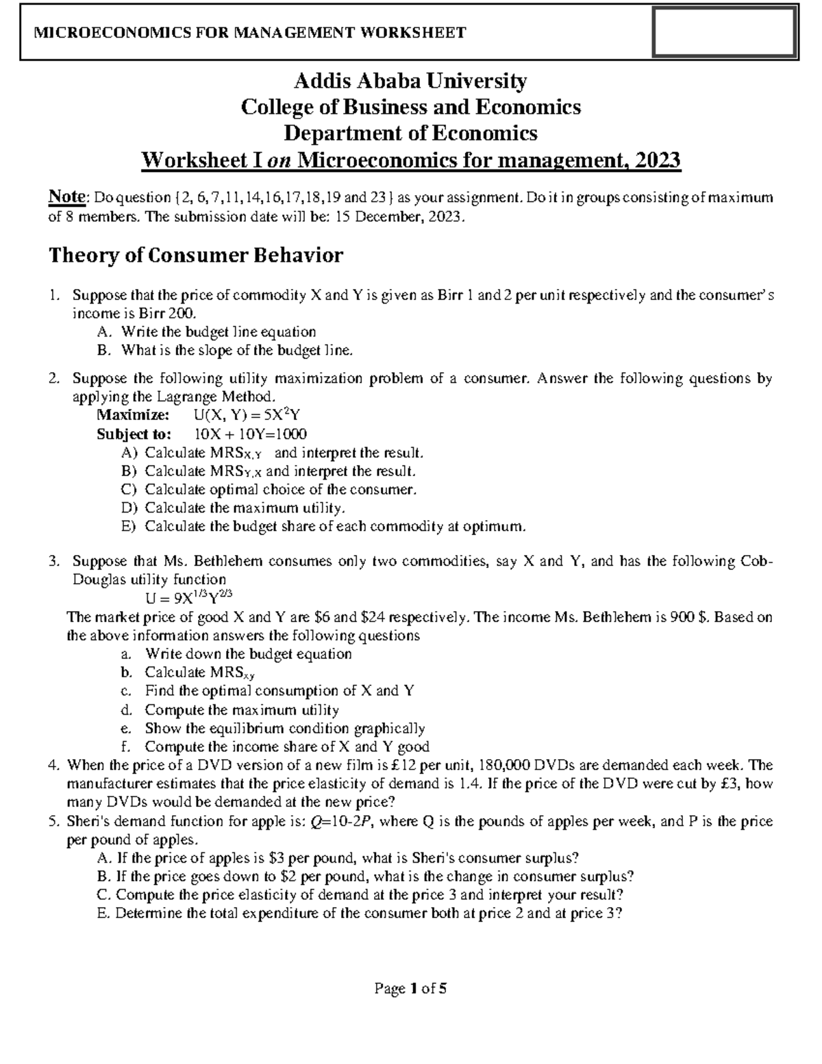 Worksheet I on Microeconomics (ECON 202) - Group Assignment 2023 - Studocu