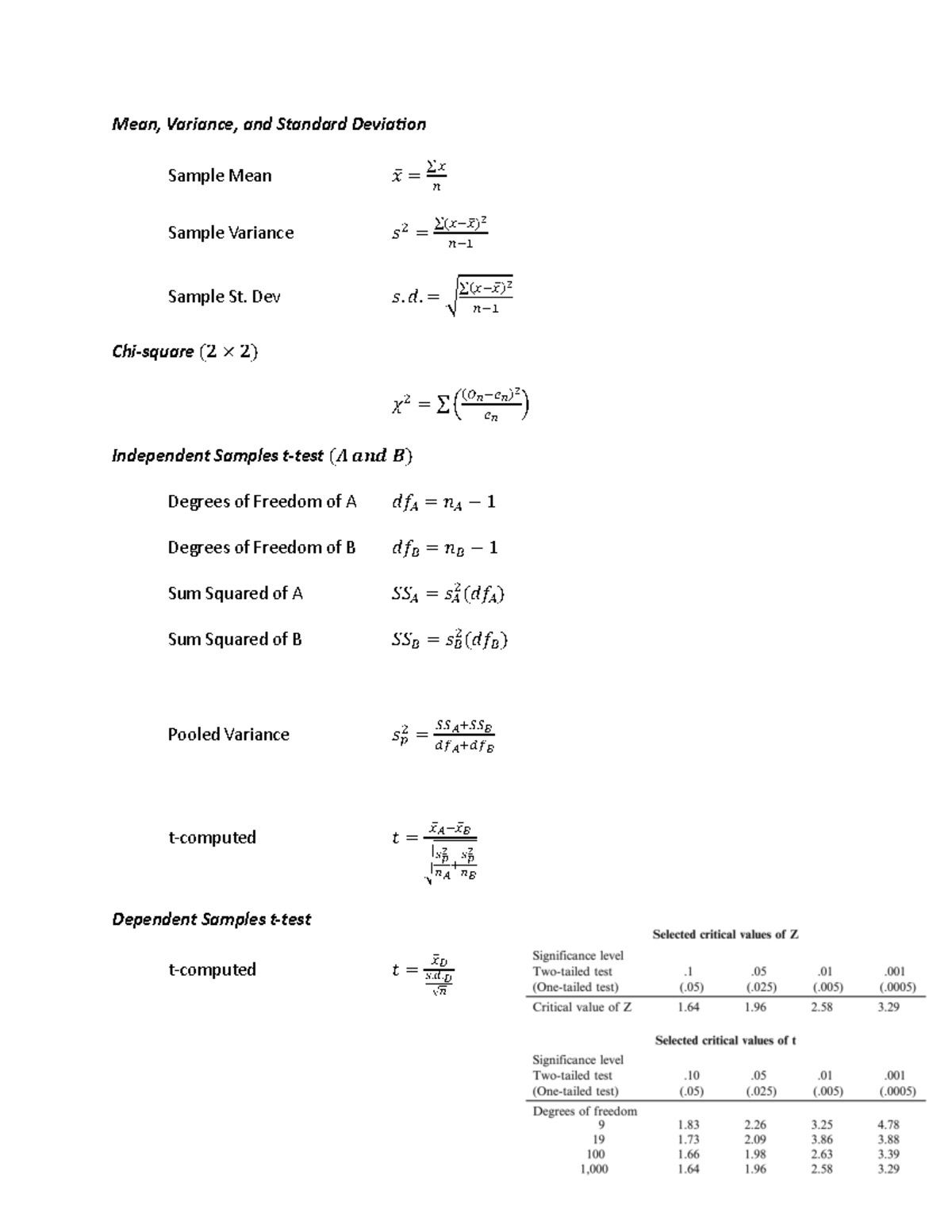 Prelim-Formulas - Mean, Variance, and Standard Devia0on Sample Mean 𝑥̅ ...
