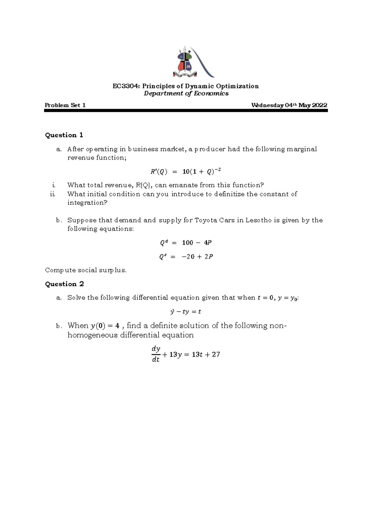 EC3304 Problem Set 1 - Mathematical economics, particularly dynamic ...