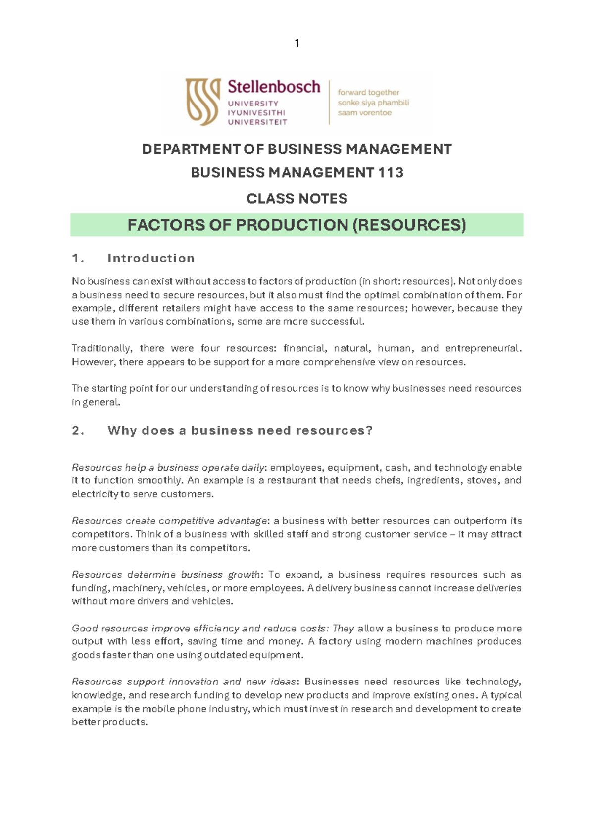 BUSINESS MANAGEMENT 113 CLASS NOTES: FACTORS OF PRODUCTION - Studocu
