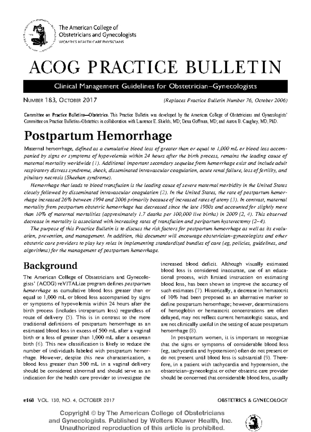 ACOG Hemorragia POST Parto - e168 VOL. 130, NO. 4, OCTOBER 2017 ...