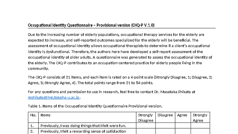Occupational Identity Questionnaire (OIQ-P) for Elderly Assessment ...