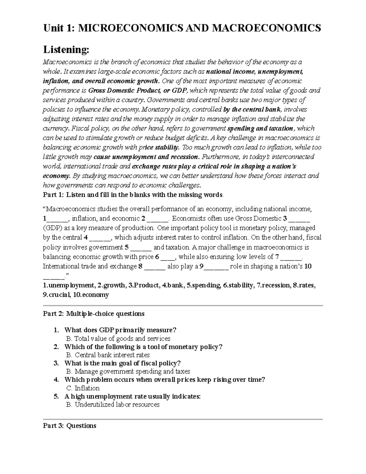 Unit 1: MICROECONOMICS AND MACROECONOMICS - Listening & Exercises - Studocu