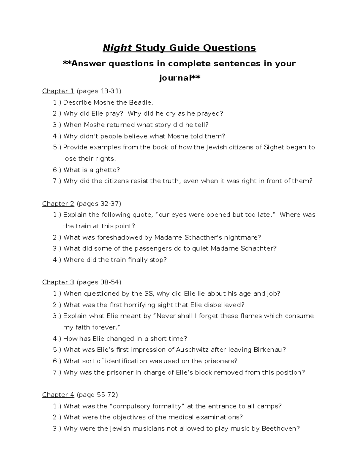 Night Study Guide Qs for Elie Wiesel's *Night* (Chapters 1-8) - Studocu