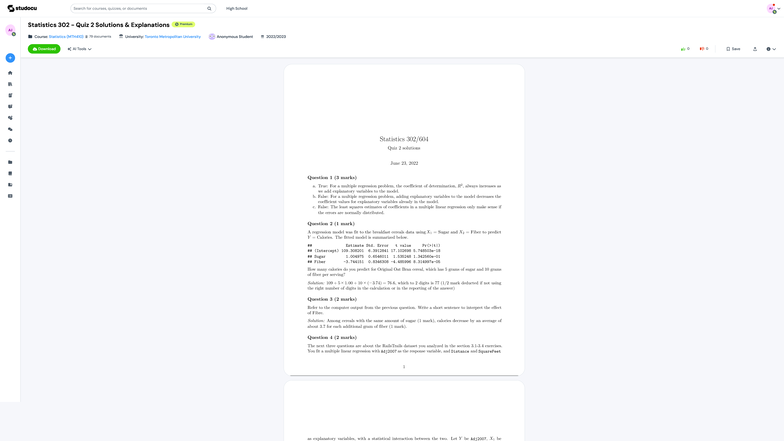 Statistics (MTH410) Quiz 2 Solutions and Explanations - Studocu