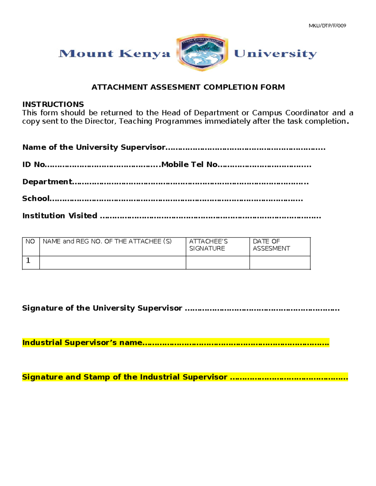 Assessment Completion Form for Supervision - MKU NAIROBI CAMPUS - Studocu